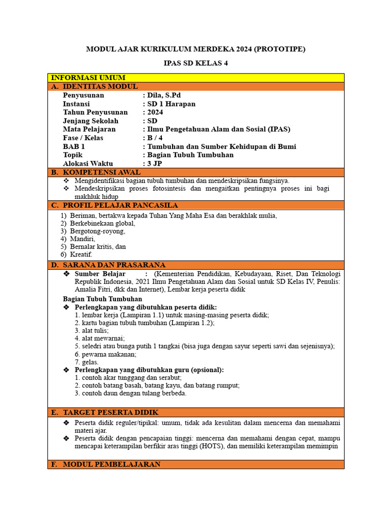 MODUL AJAR KURIKULUM MERDEKA 2024 JOKI | PDF