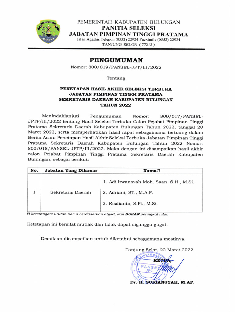 Pengumuman Hasil Akhir 3 Calon Sekda Bulungan 2022 | PDF