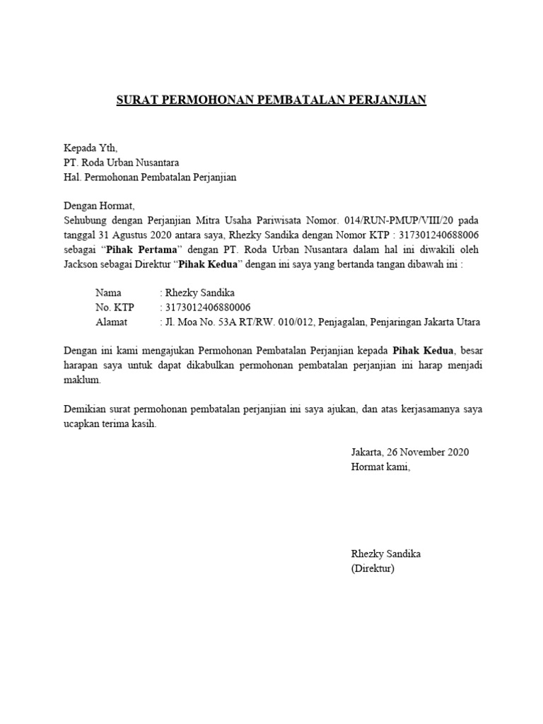 Surat Pembatalan Perjanjian Pmui Pdf