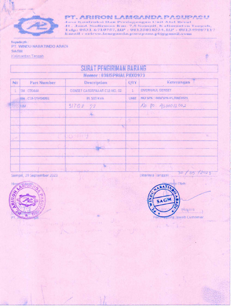 036 PT. WINDU NABATINDO ABADI - SAGM OVERHAUL GENSET CATERPILLAR C18 PL 500 KVA SPK. 446 PO ...