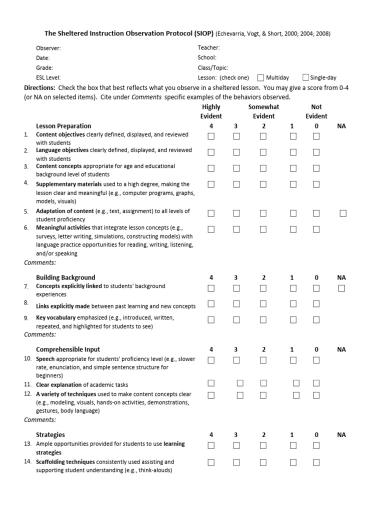 SIOP Observation Form | PDF | Learning | Cognition