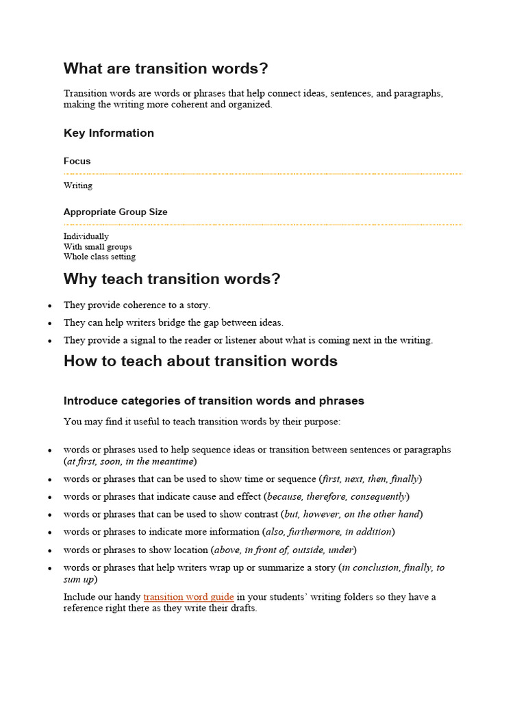 Teaching Transition Words | PDF | Cognitive Science | Behavior Modification