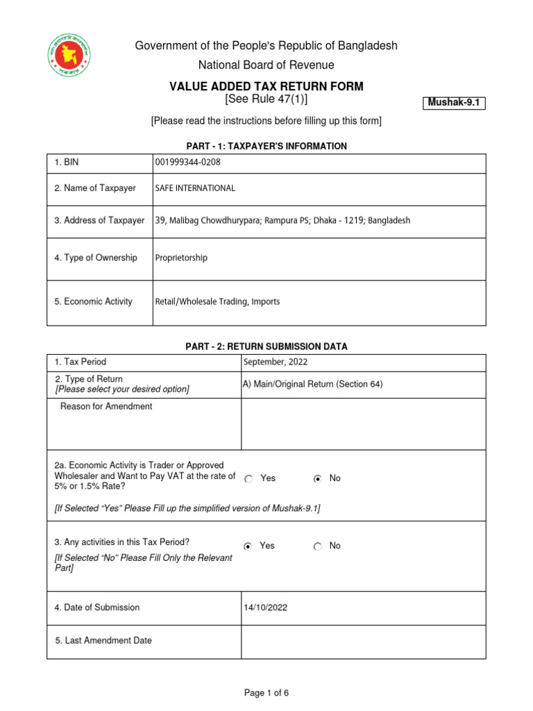 Safe International VAT Return Sept-2022 | PDF | Value Added Tax | Taxes