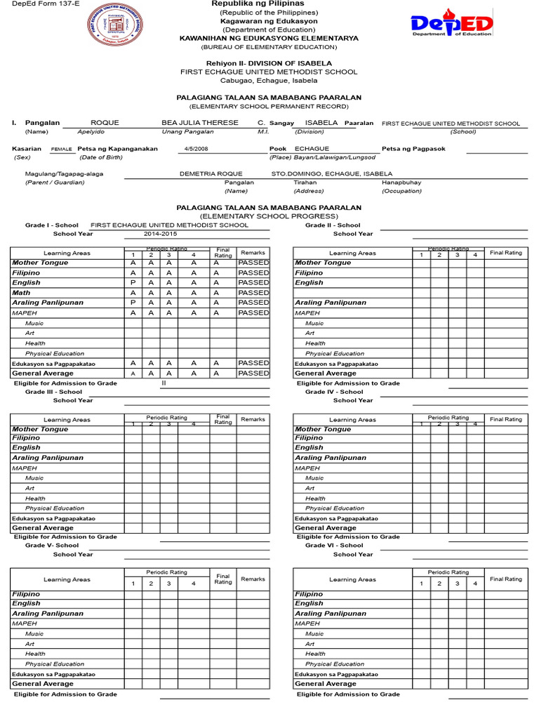 DepEd Form 137 Elementary | PDF | Physical Education | Social Institutions