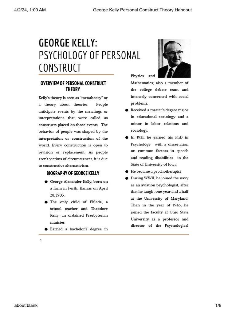 George Kelly Personal Construct Theory Handout | PDF | Psychotherapy ... George Kelly Personal Construct Theory Handout | PDF | Psychotherapy ...