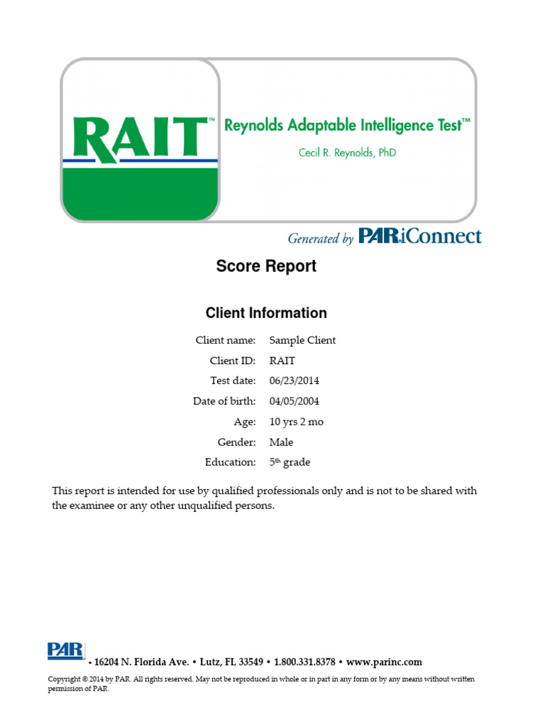 RAIT Sample PiC Score Report | PDF | Intelligence | Cognitive Science