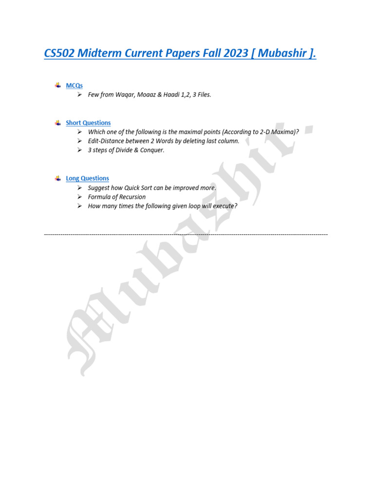 CS502 Midterm Current Papers Fall 2023 (Mubashir) . | PDF | Mathematical Logic | Algorithms And ...
