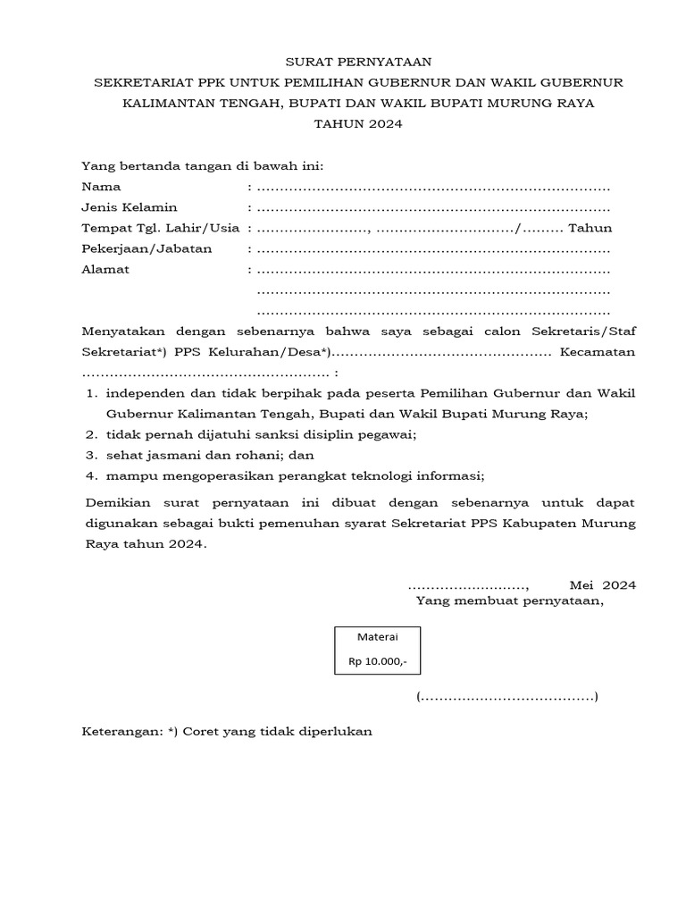 Surat Pernyataan Calon Sekretaris PPS 2024 | PDF
