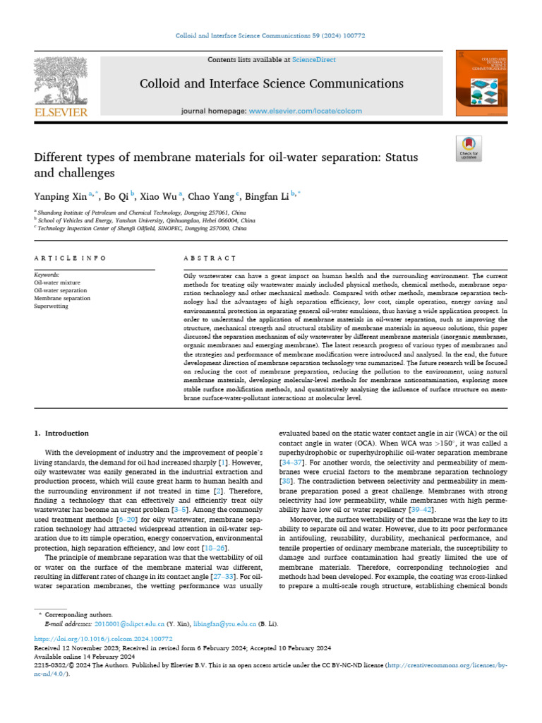 Membrane Materials for Oil-Water Separation | PDF | Membrane | Wetting