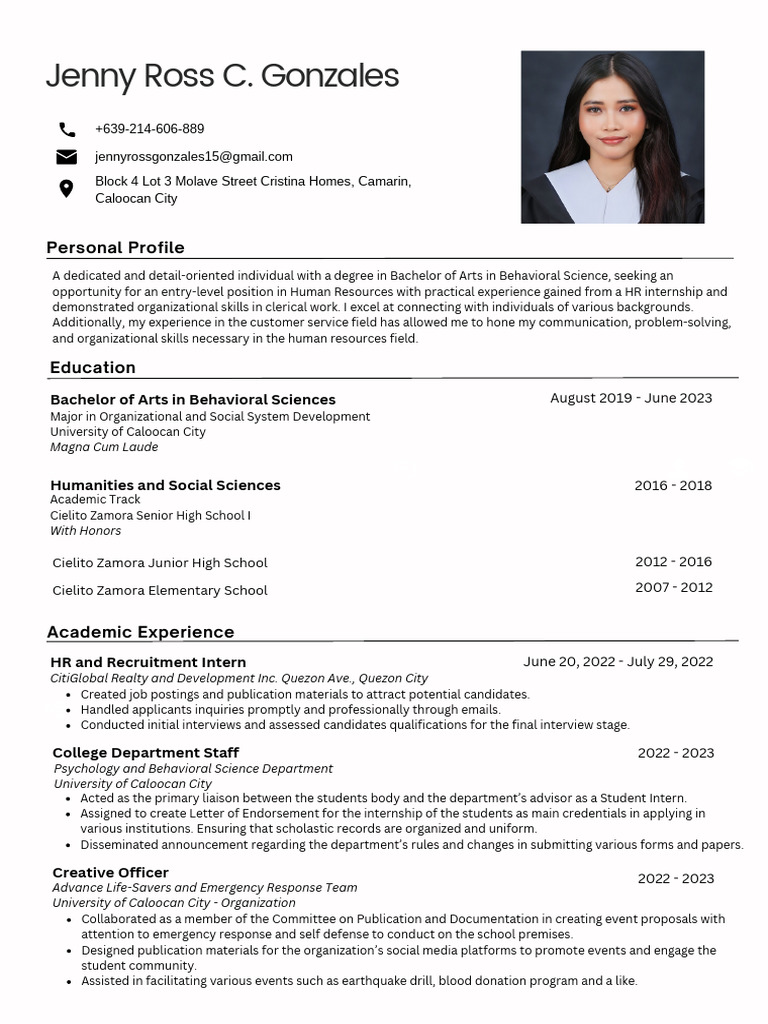 Gonzales, Jenny Ross - Curriculum-Vitae | PDF | Internship | Job Hunting