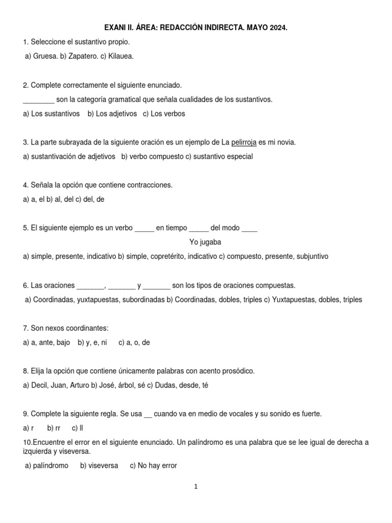 Examen Final de Redacción Indirecta 2024. Exani Ii | PDF | Verbo | Sustantivo