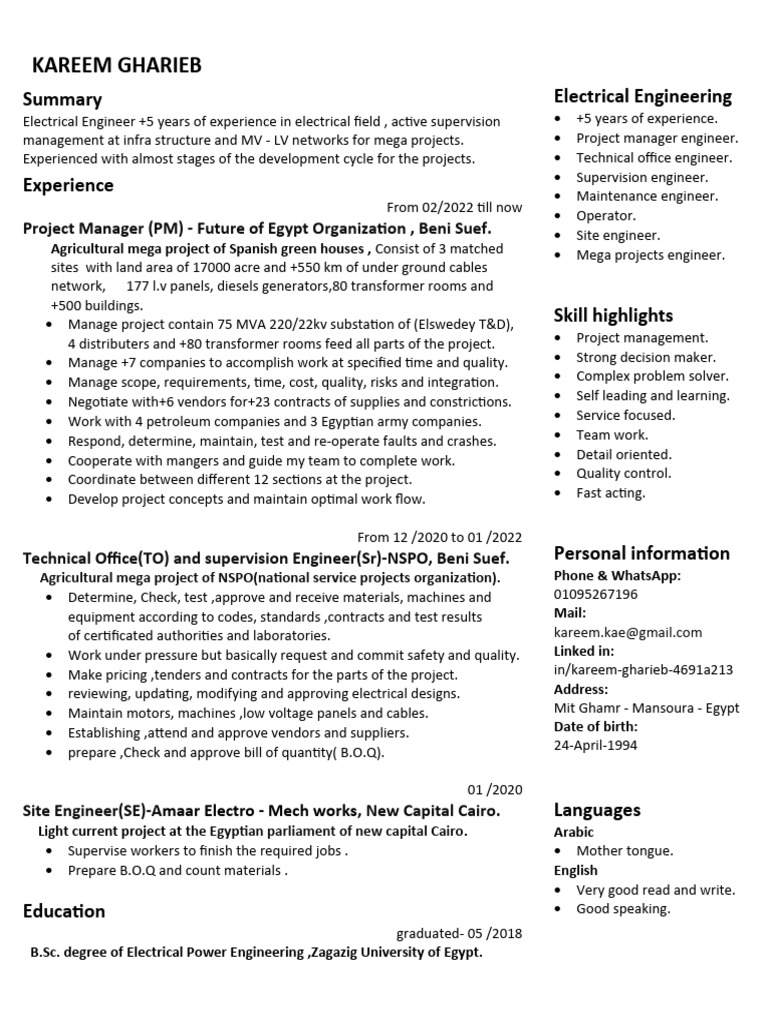 CV Electrical | PDF | Power (Physics) | Engineering
