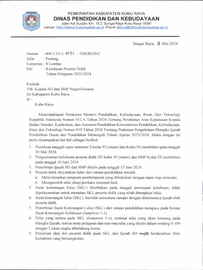 SURAT KELULUSAN DAN SKL-FORMAT NILAI SD-SMP 2024 | PDF