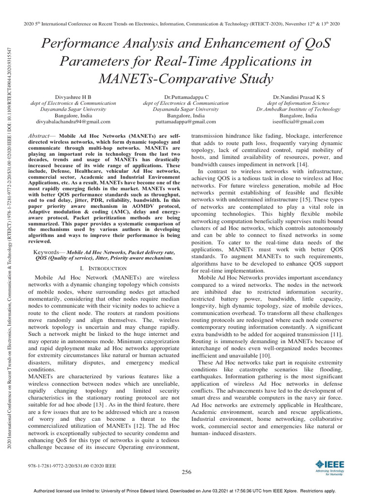 Performance Analysis and Enhancement of QoS Parameters For Real-Time Applications in MANETs ...