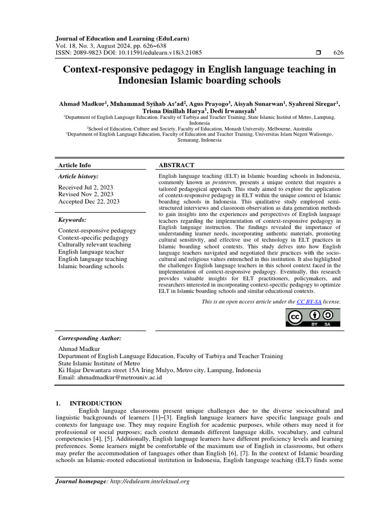 Context-Responsive Pedagogy in English Language Teaching in Indonesian Islamic Boarding Schools ...