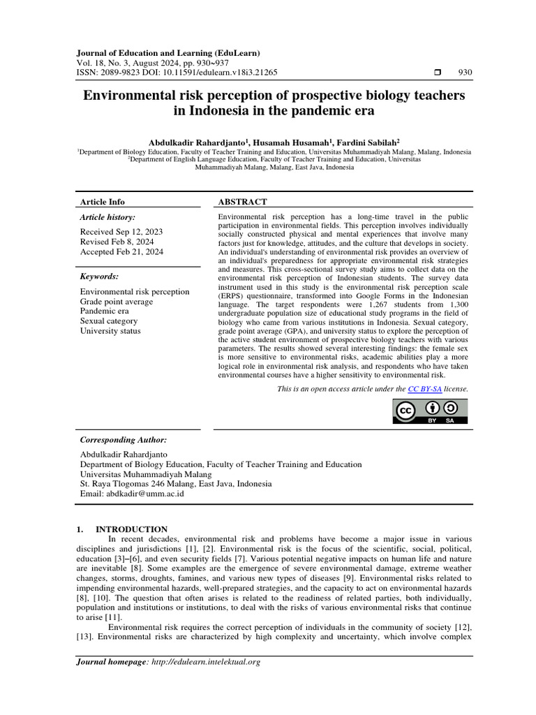 Environmental Risk Perception of Prospective Biology Teachers in ...