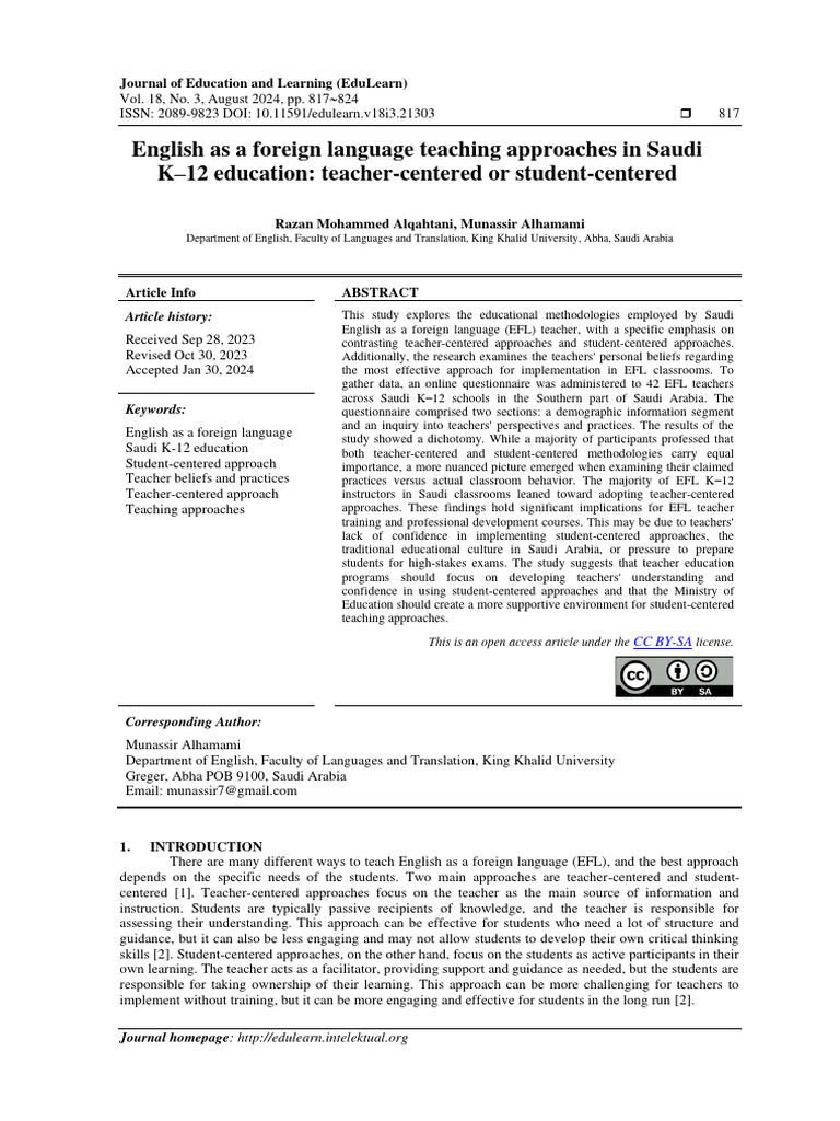 English As A Foreign Language Teaching Approaches in Saudi K-12 Education: Teacher-Centered or ...