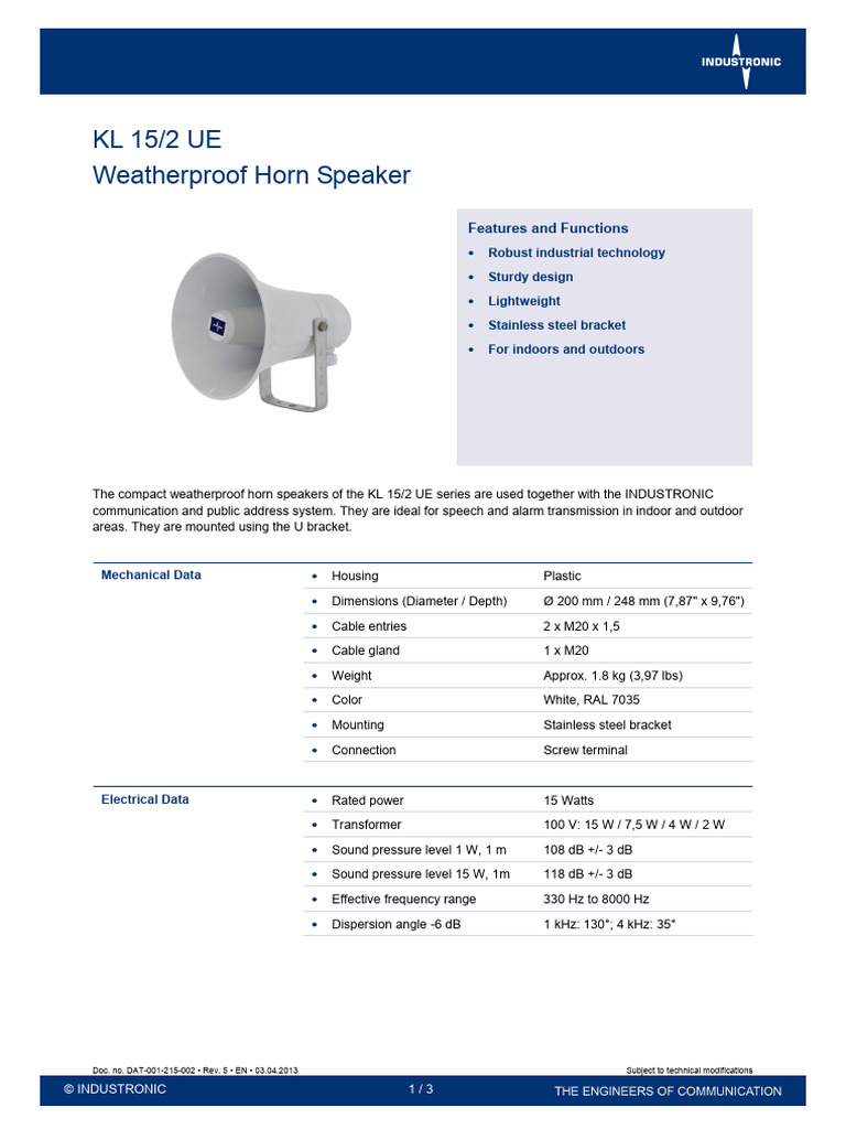 8 Dat 001 215 002 R05 En Kl15 2ue Weatherproofhornspeaker Pdf Loudspeaker Sound