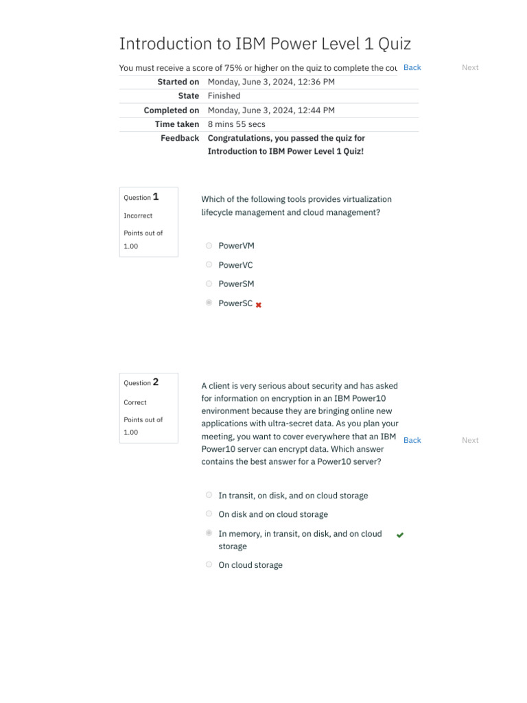 Introduction to IBM Power Level 1 Quiz_ Attempt review | PDF | Cloud Computing | Operating System