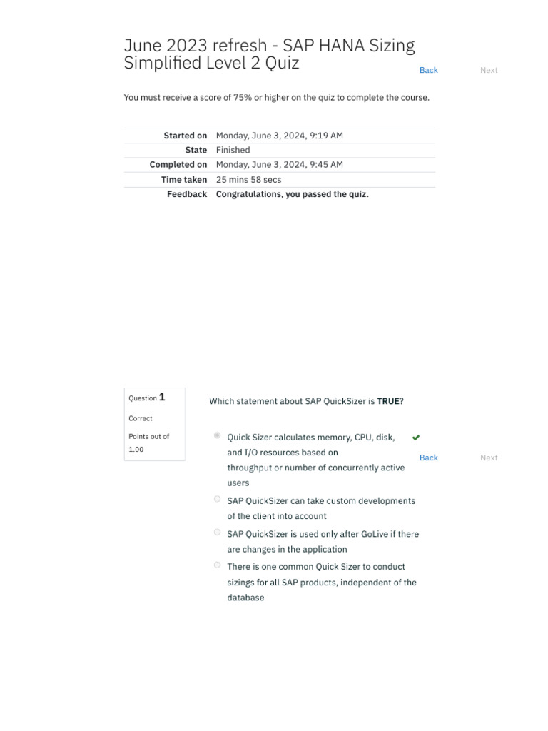 June 2023 Refresh - SAP HANA Sizing Simplified Level 2 Quiz - Attempt Review | PDF | Ibm Db2 ...