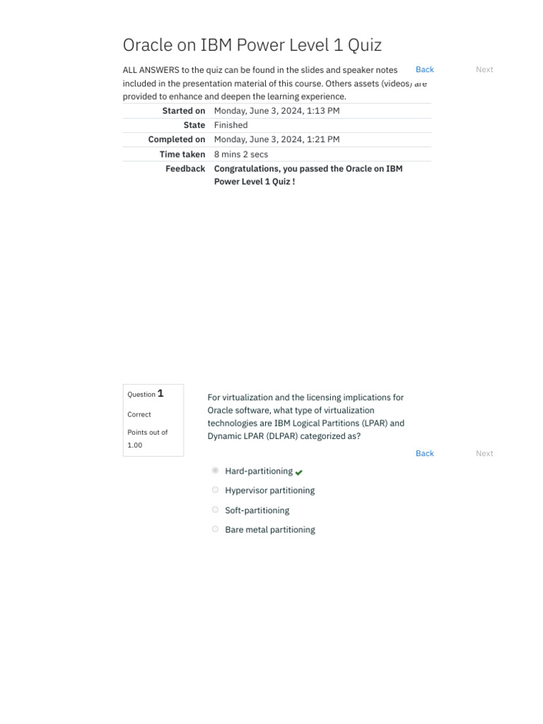 Oracle On IBM Power Level 1 Quiz - Attempt Review | PDF | Oracle Corporation | Oracle Database