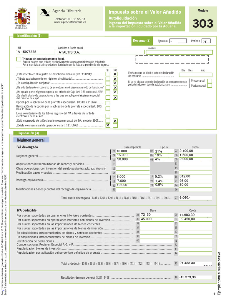 MODEL 303 IVA PLANTILLA EJEMPLO RESUELTO | PDF | Impuestos | Pagos