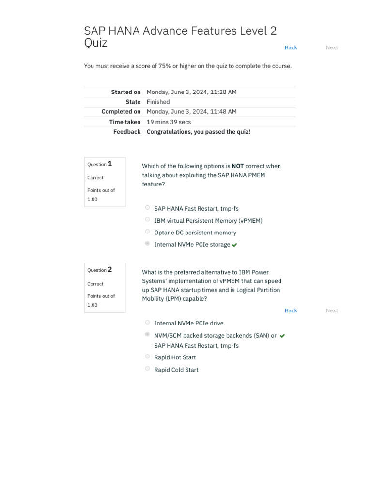 SAP HANA Advance Features Level 2 Quiz - Attempt Review | PDF | Cloud Computing | Cache (Computing)