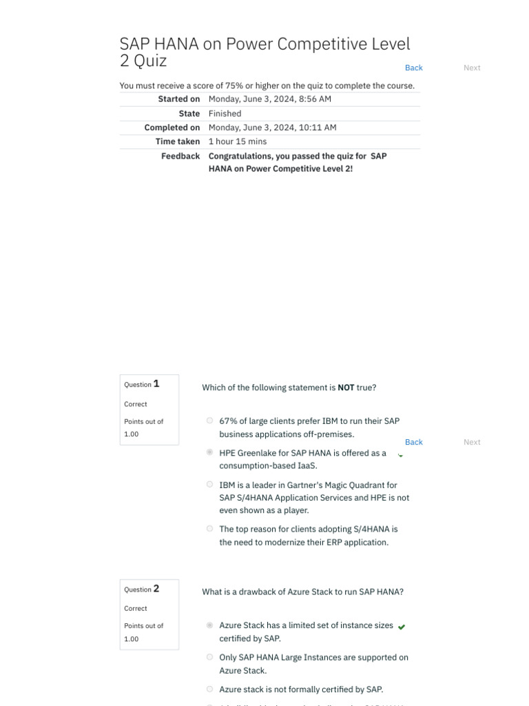 SAP HANA On Power Competitive Level 2 Quiz - Attempt Review | PDF | Cloud Computing | Amazon Web ...