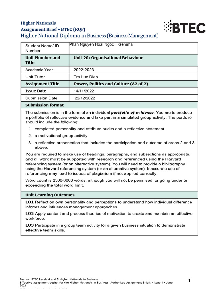 Edited - Unit 20 Assignment Briefs 2022 | PDF | Motivation | Motivational