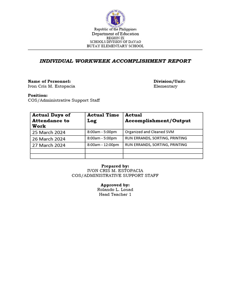 Individual Workweek Accomplishment Report Pdf Government Asia