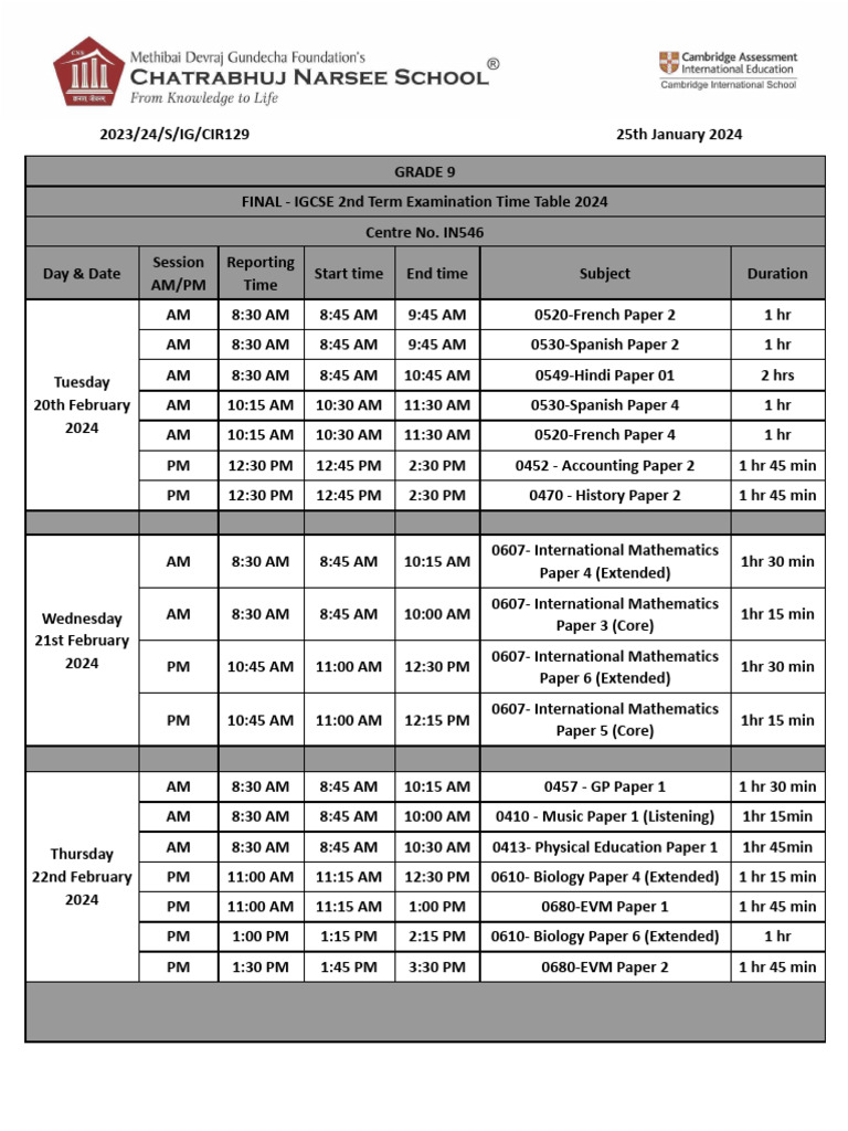 IGCSE Grade 9 Exam Timetable 2024 | PDF
