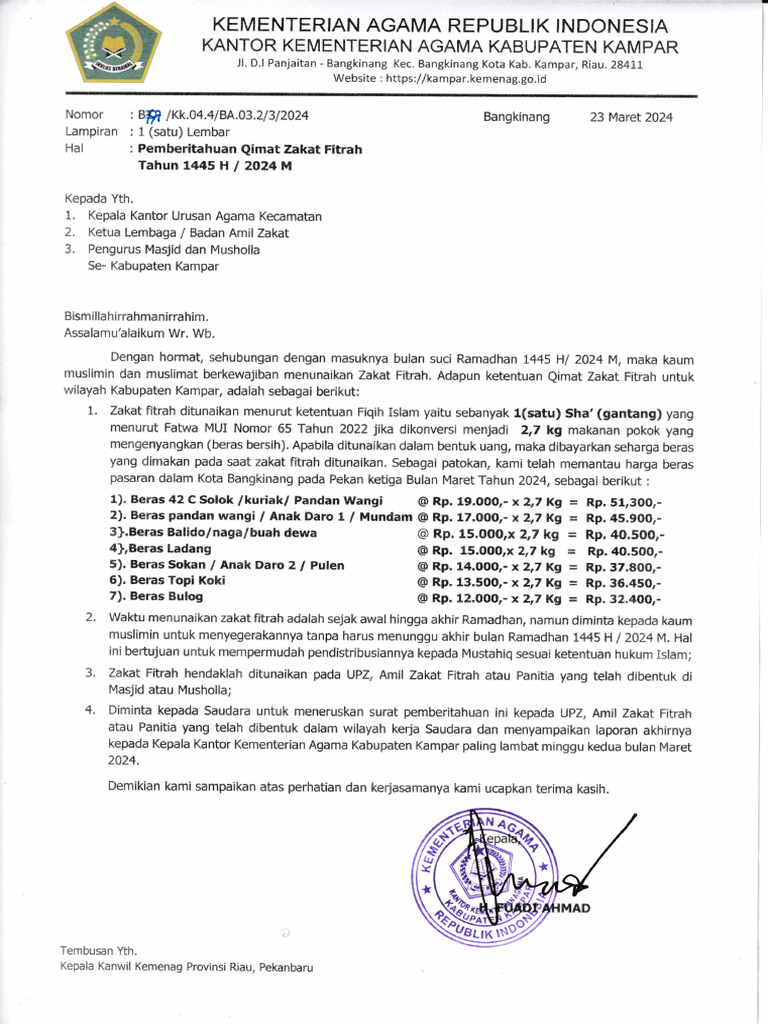Ketentuan Qimat Zakat Fitrah 1445 H | PDF