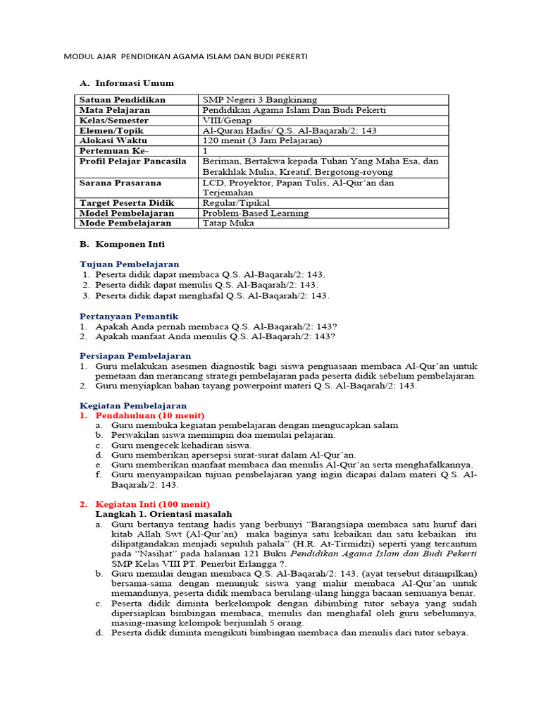 MODUL AJAR PAI DAN BP KELAS VIII SEMESTER GENAP | PDF