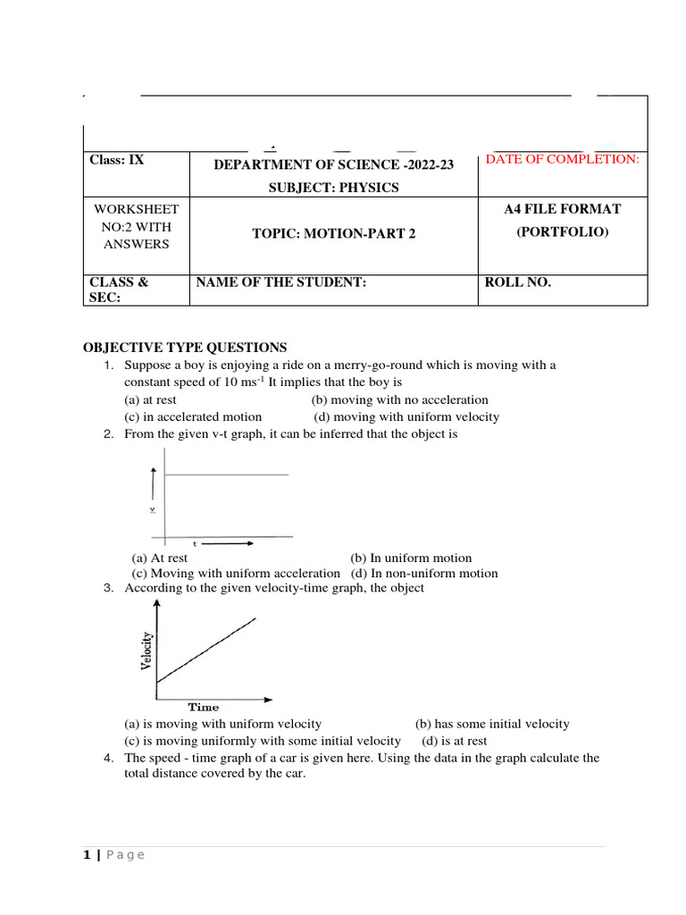 Motion Worksheet - Class 9 - Science - Physics - Motion - Part 2 - WS ...