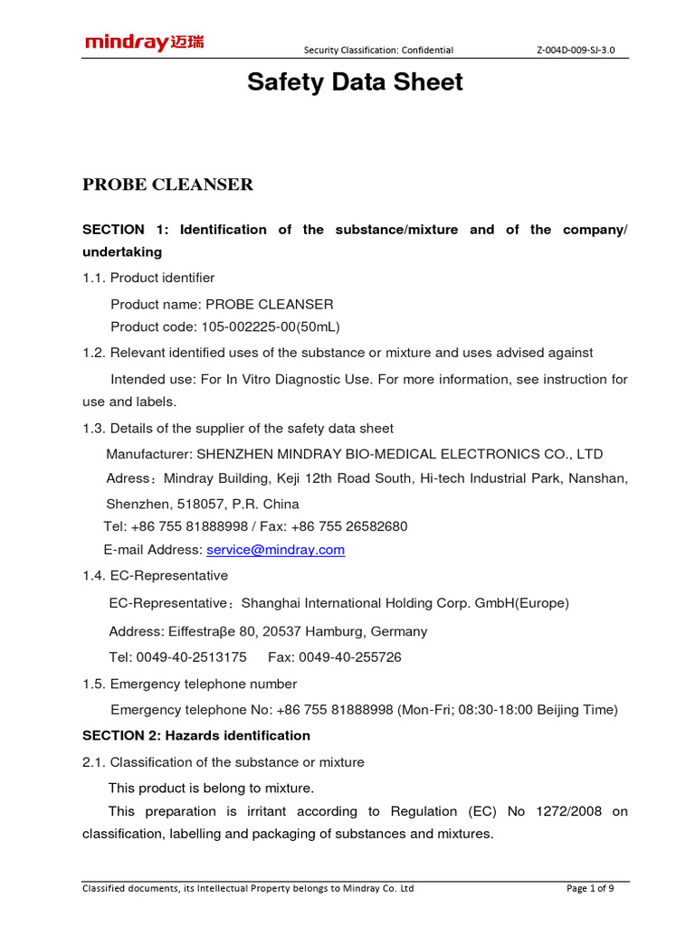 Probe cleanser MSDS (1) | Download Free PDF | Chemistry | Occupational ...