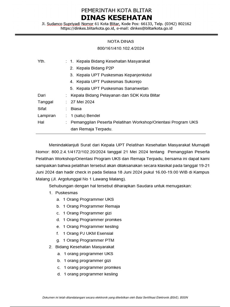 Pemanggilan Peserta Pelatihan Workshop Atau Orientasi Program Uks Dan Remaja Terpadu 19-06-2024 ...