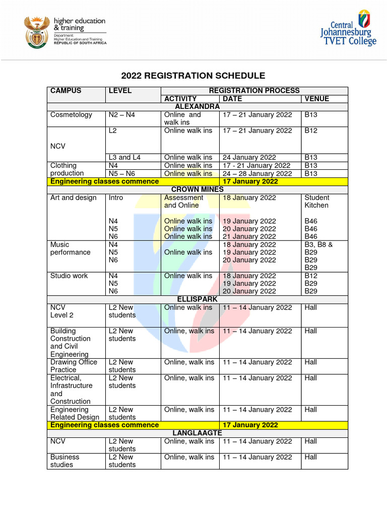 2022 Registration Schedule Overview | PDF