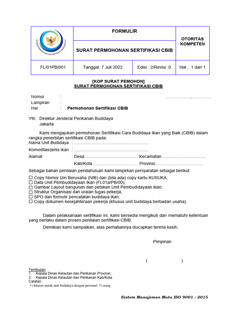 FL - 01 Form Permohonan Sertifikasi CBIB | PDF