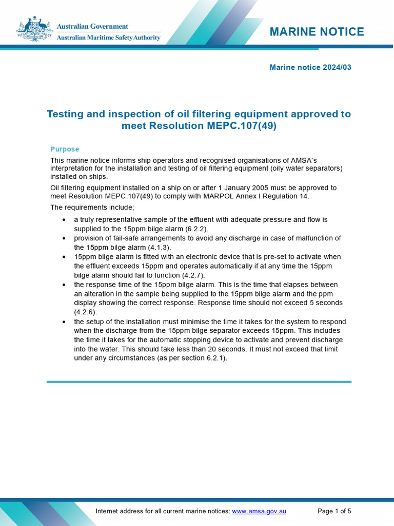 AMSA Marine Notice 2024/03: Oil Filter Testing | PDF