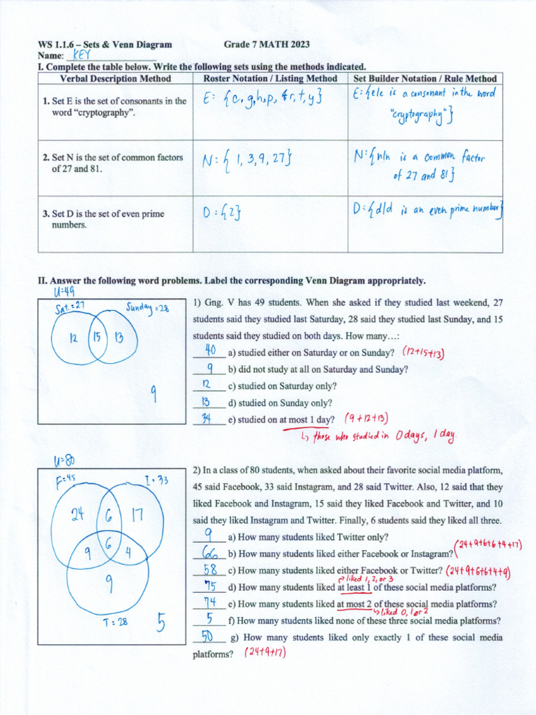 WS 1.1.6 - Sets & Venn Diagram (KEY 1) | PDF