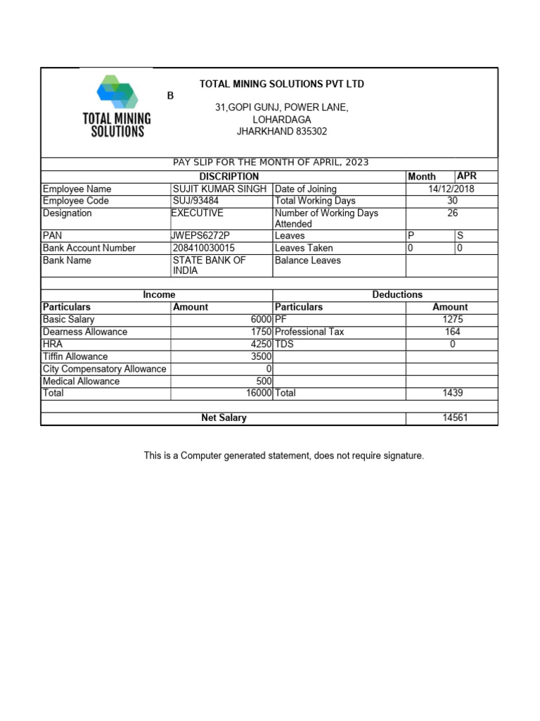 Sujit Salary Slip Apr | PDF