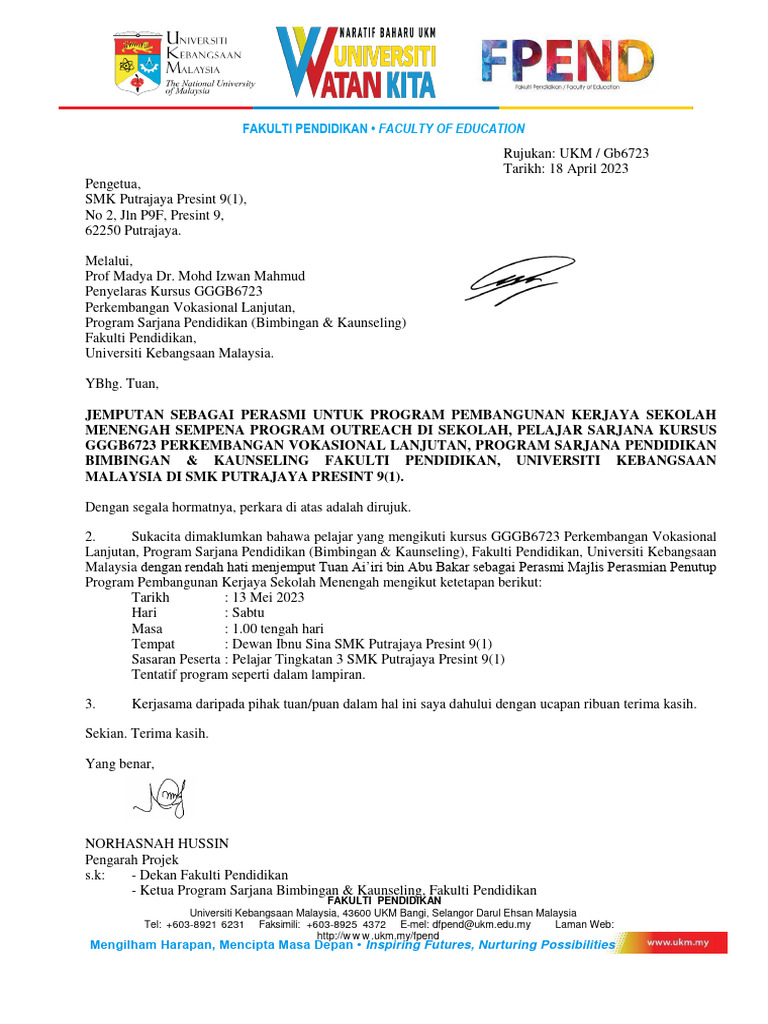 Surat Jemputan Perasmi Program Outreach Kerjaya-Signed | PDF