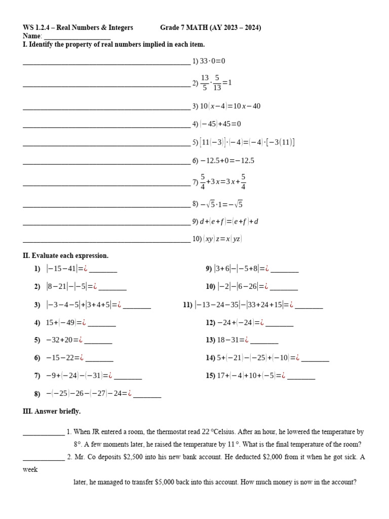 WS 1.2.4 - Real Numbers and Integers | PDF | Mathematics | Earth Sciences