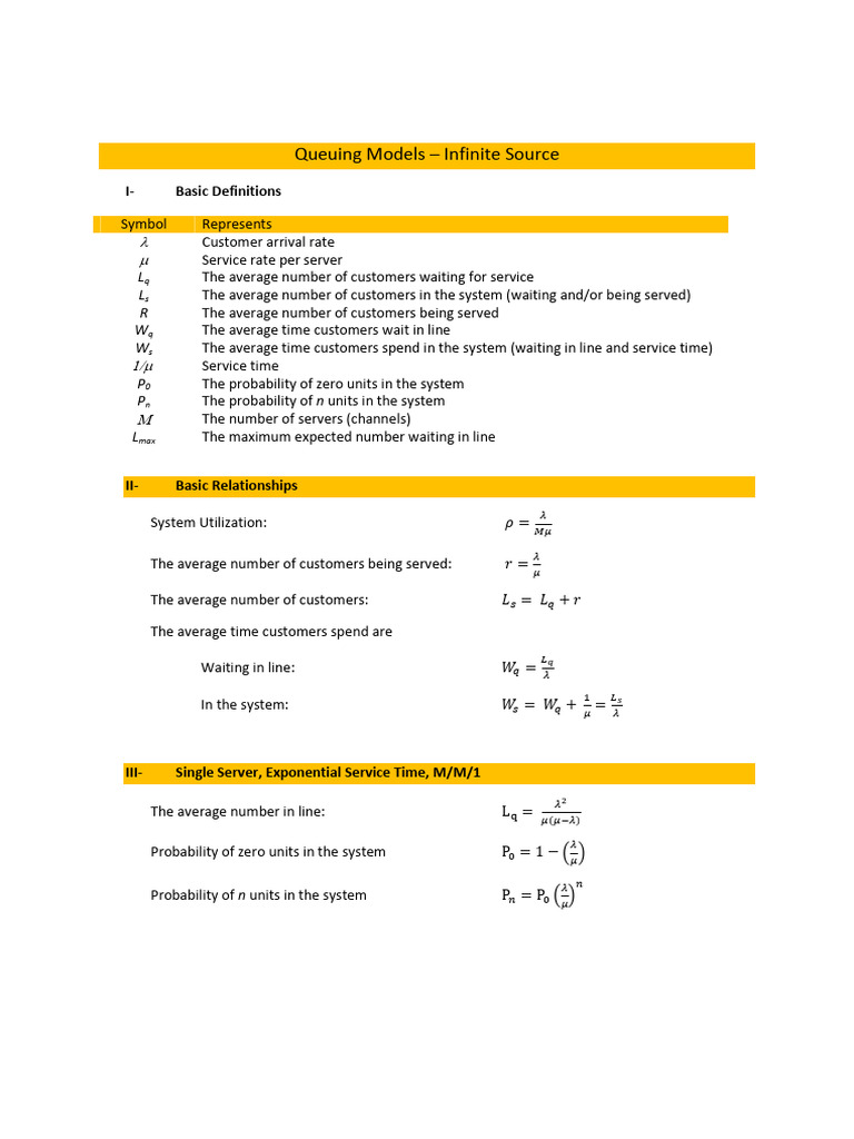 Queuing Models Summary Sheet Pdf Applied Mathematics Mathematics