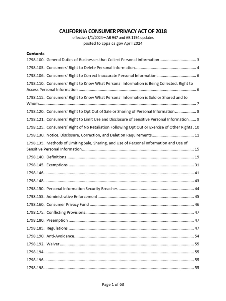 California Consumer Privacy Act of 2018 | PDF | Employment | Information