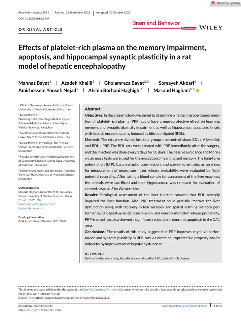 Brain and Behavior - 2021 - Bayat - Effects of Platelet Rich Plasma On ...