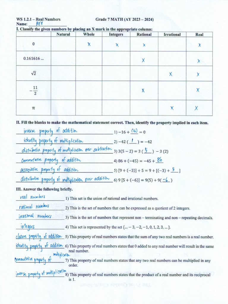 WS 1.2.1 - Real Numbers (KEY) | PDF