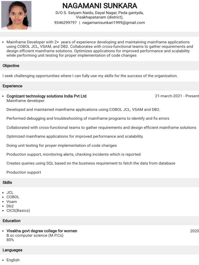 Mainframe Developer Resume - Nagamani Sunkara | PDF | Databases | Ibm Db2