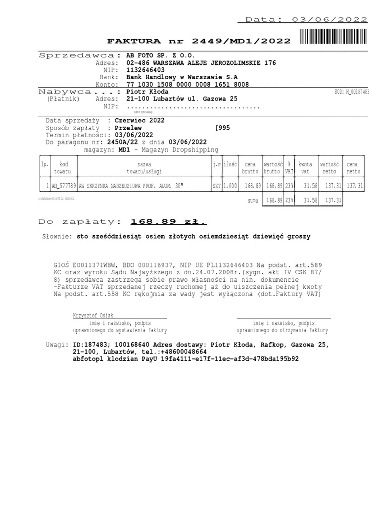 FAKTURA NR 2449/MD1/2022: Numer Tymczasowy | PDF