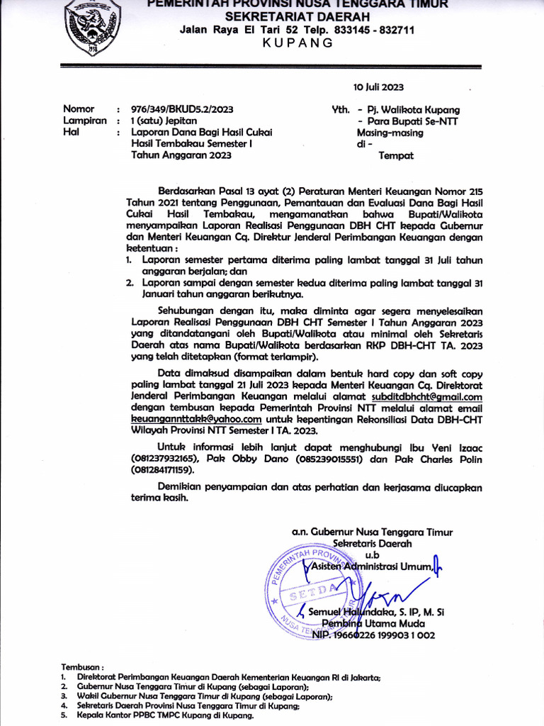 Surat Edaran Laporan DBH CHT Semester I 2023 | PDF | Teknologi & Rekayasa